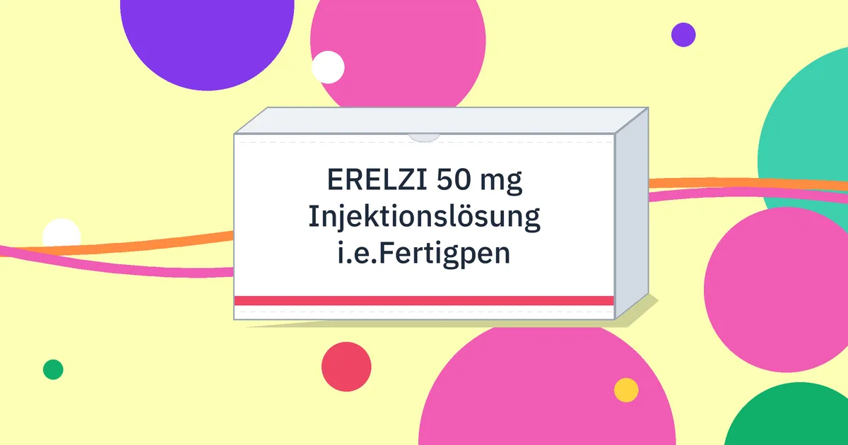 Symbolbild: Packung mit der Aufschrift ERELZI 50 mg Injektionslösung i.e.Fertigpen (PZN 13781252) – Verfügbarkeit und Bezug in Apotheken in Frankfurt am Main