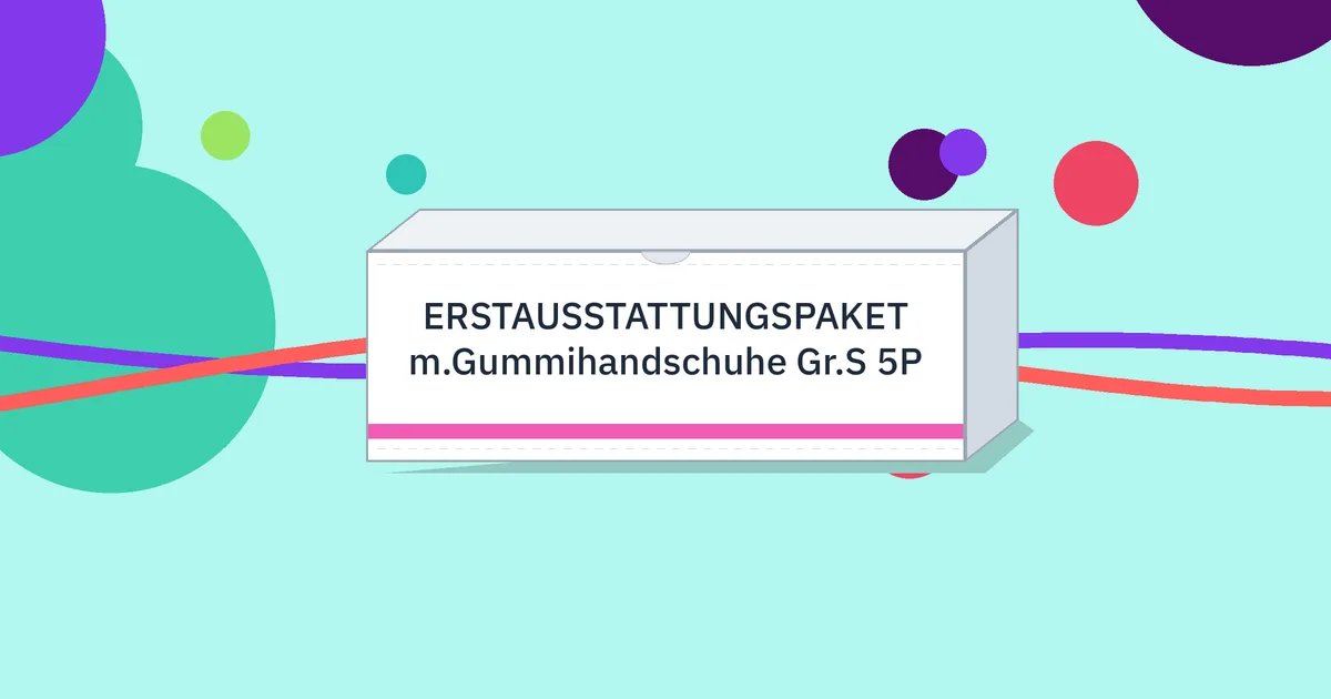 Symbolbild: Packung mit der Aufschrift ERSTAUSSTATTUNGSPAKET m.Gummihandschuhe Gr.S 5P (PZN 19628534) – Verfügbarkeit und Bezug in Apotheken in Frankfurt am Main
