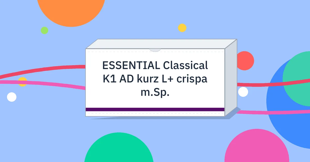 Symbolbild: Packung mit der Aufschrift ESSENTIAL Classical K1 AD kurz L+ crispa m.Sp. (PZN 17000211) – Verfügbarkeit und Bezug in Apotheken in Frankfurt am Main
