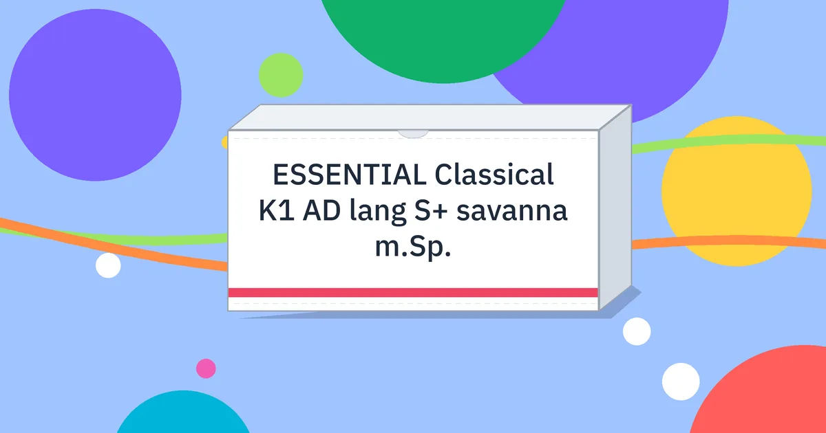 Symbolbild: Packung mit der Aufschrift ESSENTIAL Classical K1 AD lang S+ savanna m.Sp. (PZN 17000010) – Verfügbarkeit und Bezug in Apotheken in Frankfurt am Main