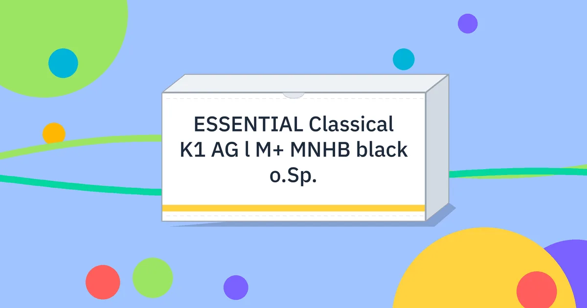 Symbolbild: Packung mit der Aufschrift ESSENTIAL Classical K1 AG l M+ MNHB black o.Sp. (PZN 19321149) – Verfügbarkeit und Bezug in Apotheken in Frankfurt am Main