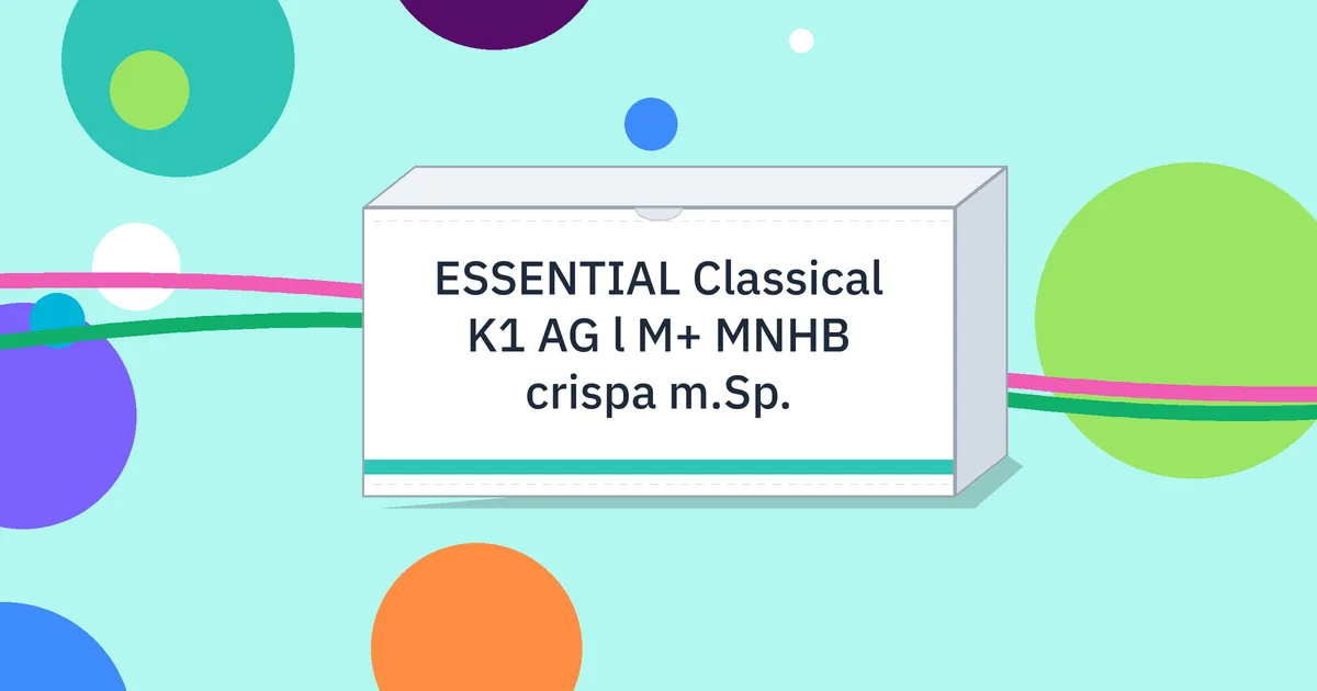 Symbolbild: Packung mit der Aufschrift ESSENTIAL Classical K1 AG l M+ MNHB crispa m.Sp. (PZN 19320954) – Verfügbarkeit und Bezug in Apotheken in Frankfurt am Main