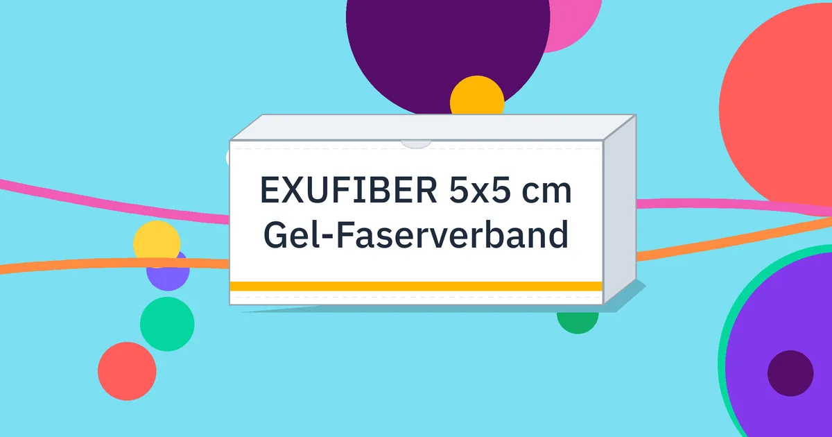 Symbolbild: Packung mit der Aufschrift EXUFIBER 5x5 cm Gel-Faserverband (PZN 18032839) – Verfügbarkeit und Bezug in Apotheken in Frankfurt am Main