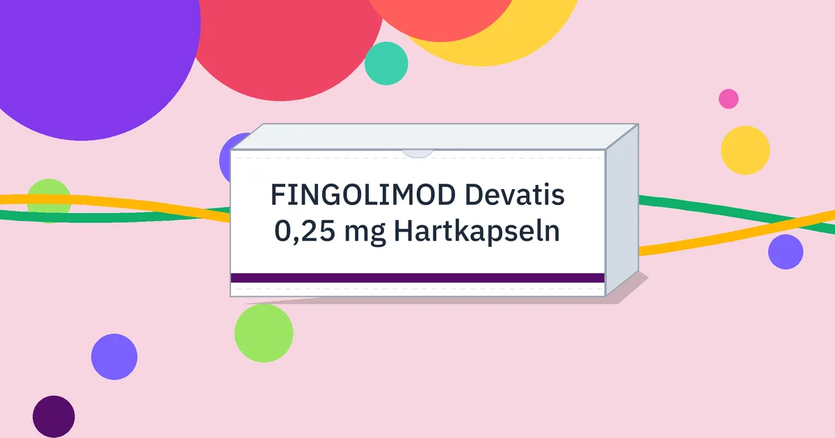 Symbolbild: Packung mit der Aufschrift FINGOLIMOD Devatis 0,25 mg Hartkapseln (PZN 17976515) – Verfügbarkeit und Bezug in Apotheken in Frankfurt am Main