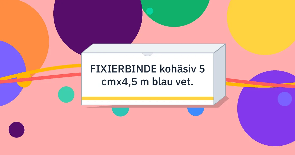 Symbolbild: Packung mit der Aufschrift FIXIERBINDE kohäsiv 5 cmx4,5 m blau vet. (PZN 18605123) – Verfügbarkeit und Bezug in Apotheken in Frankfurt am Main