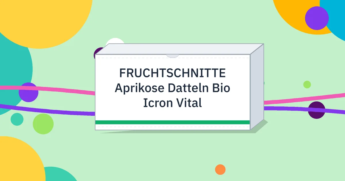 Symbolbild: Packung mit der Aufschrift FRUCHTSCHNITTE Aprikose Datteln Bio Icron Vital (PZN 01912335) – Verfügbarkeit und Bezug in Apotheken in Frankfurt am Main