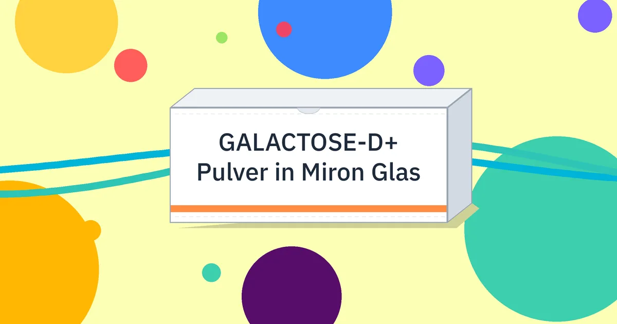 Symbolbild: Packung mit der Aufschrift GALACTOSE-D+ Pulver in Miron Glas (PZN 15737309) – Verfügbarkeit und Bezug in Apotheken in Frankfurt am Main