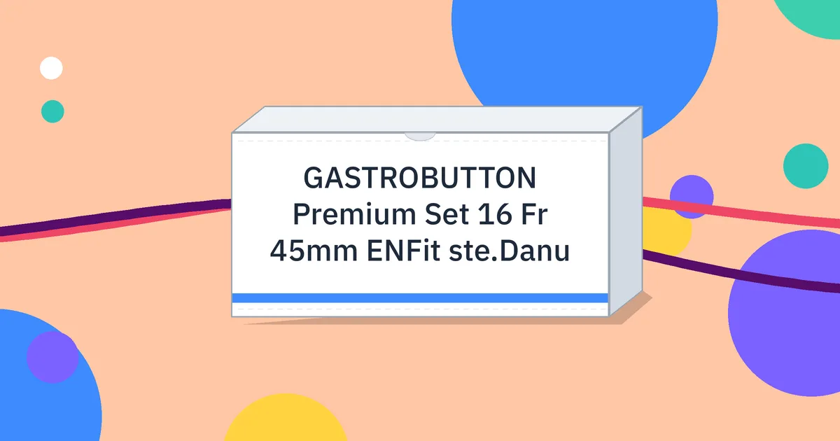 Symbolbild: Packung mit der Aufschrift GASTROBUTTON Premium Set 16 Fr 45mm ENFit ste.Danu (PZN 16883705) – Verfügbarkeit und Bezug in Apotheken in Frankfurt am Main