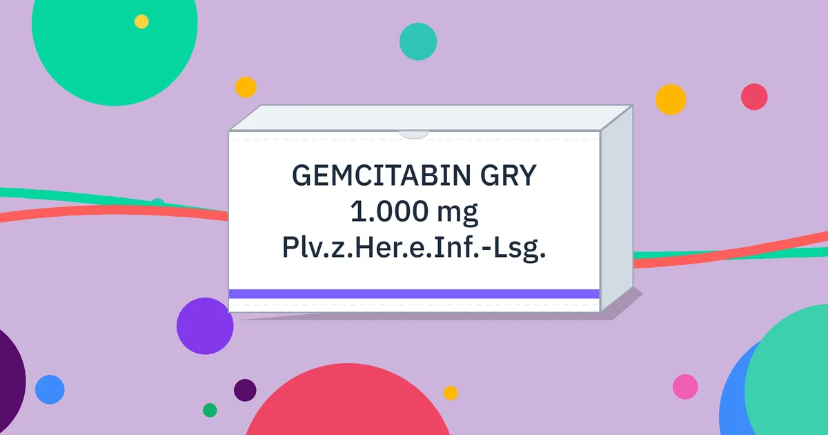 Symbolbild: Packung mit der Aufschrift GEMCITABIN GRY 1.000 mg Plv.z.Her.e.Inf.-Lsg. (PZN 09003187) – Verfügbarkeit und Bezug in Apotheken in Frankfurt am Main