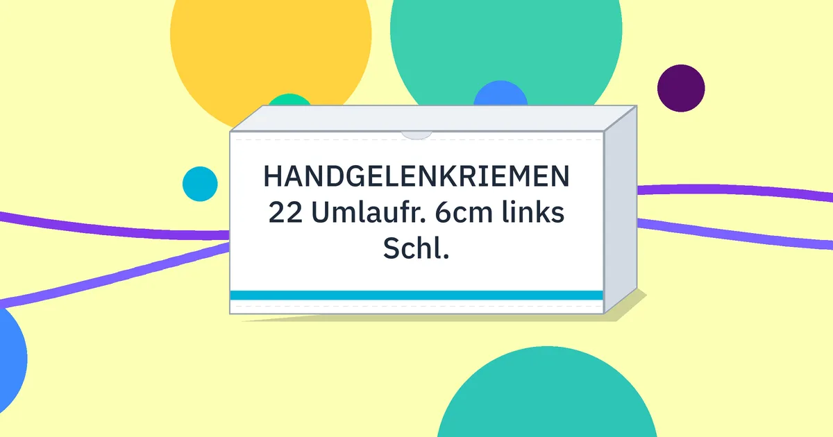 Symbolbild: Packung mit der Aufschrift HANDGELENKRIEMEN 22 Umlaufr. 6cm links Schl. (PZN 01963120) – Verfügbarkeit und Bezug in Apotheken in Frankfurt am Main