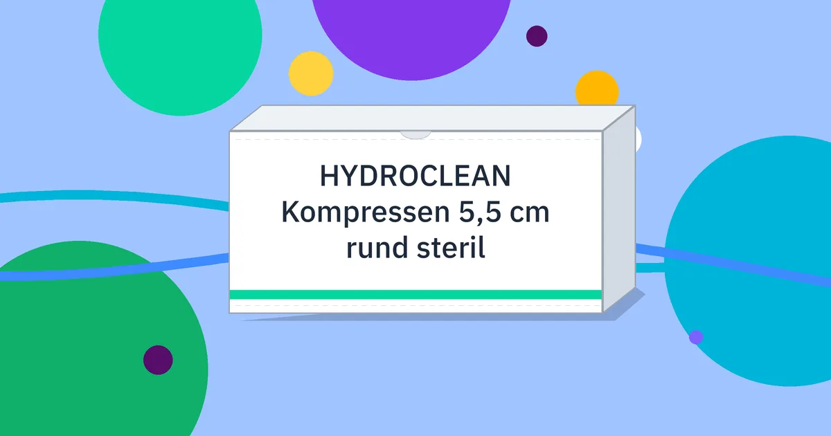 Symbolbild: Packung mit der Aufschrift HYDROCLEAN Kompressen 5,5 cm rund steril (PZN 18127540) – Verfügbarkeit und Bezug in Apotheken in Frankfurt am Main