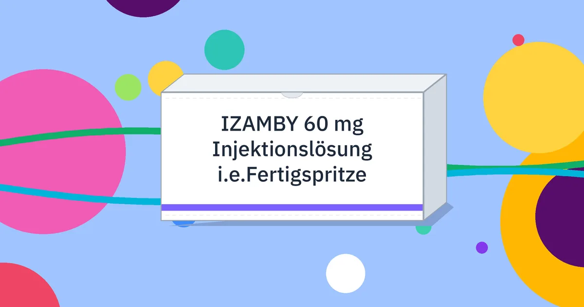 Symbolbild: Packung mit der Aufschrift IZAMBY 60 mg Injektionslösung i.e.Fertigspritze (PZN 20038022) – Verfügbarkeit und Bezug in Apotheken in Frankfurt am Main
