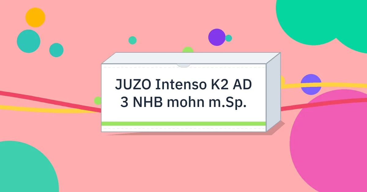 Symbolbild: Packung mit der Aufschrift JUZO Intenso K2 AD 3 NHB mohn m.Sp. (PZN 18609977) – Verfügbarkeit und Bezug in Apotheken in Frankfurt am Main