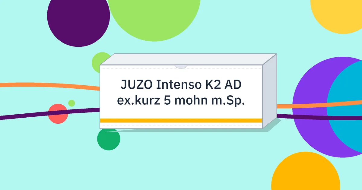 Symbolbild: Packung mit der Aufschrift JUZO Intenso K2 AD ex.kurz 5 mohn m.Sp. (PZN 18608280) – Verfügbarkeit und Bezug in Apotheken in Frankfurt am Main