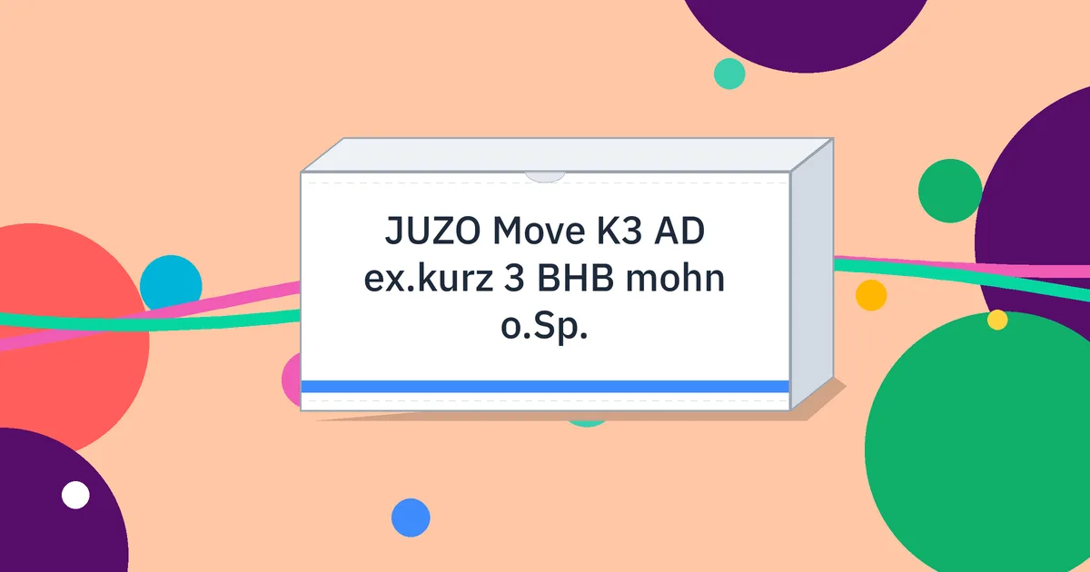 Symbolbild: Packung mit der Aufschrift JUZO Move K3 AD ex.kurz 3 BHB mohn o.Sp. (PZN 18574322) – Verfügbarkeit und Bezug in Apotheken in Frankfurt am Main