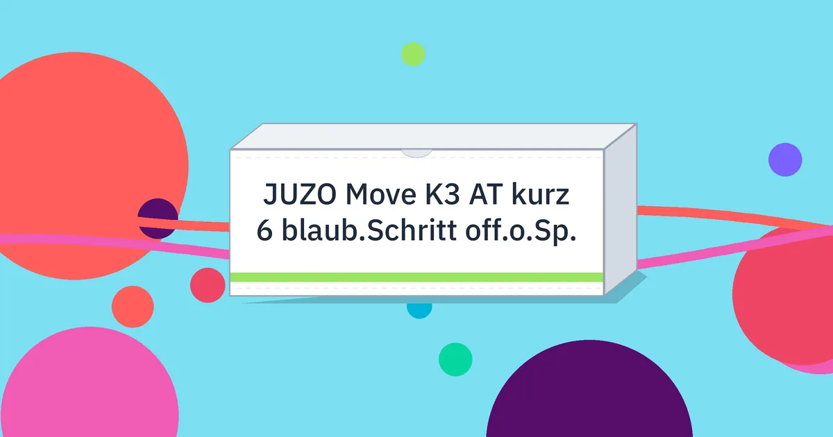 Symbolbild: Packung mit der Aufschrift JUZO Move K3 AT kurz 6 blaub.Schritt off.o.Sp. (PZN 20685299) – Verfügbarkeit und Bezug in Apotheken in Frankfurt am Main