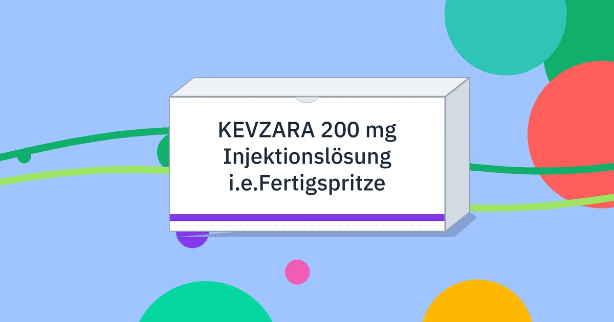Symbolbild: Packung mit der Aufschrift KEVZARA 200 mg Injektionslösung i.e.Fertigspritze (PZN 15391733) – Verfügbarkeit und Bezug in Apotheken in Frankfurt am Main