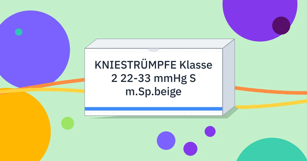 Symbolbild: Packung mit der Aufschrift KNIESTRÜMPFE Klasse 2 22-33 mmHg S m.Sp.beige (PZN 19072479) – Verfügbarkeit und Bezug in Apotheken in Frankfurt am Main