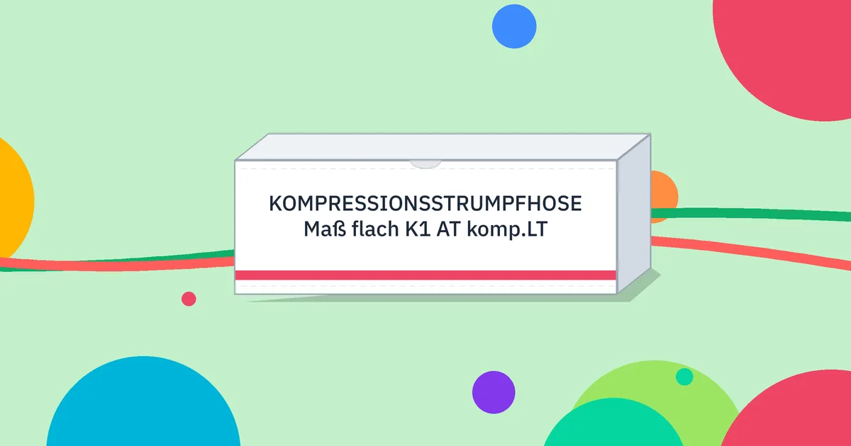 Symbolbild: Packung mit der Aufschrift KOMPRESSIONSSTRUMPFHOSE Maß flach K1 AT komp.LT (PZN 19997912) – Verfügbarkeit und Bezug in Apotheken in Frankfurt am Main