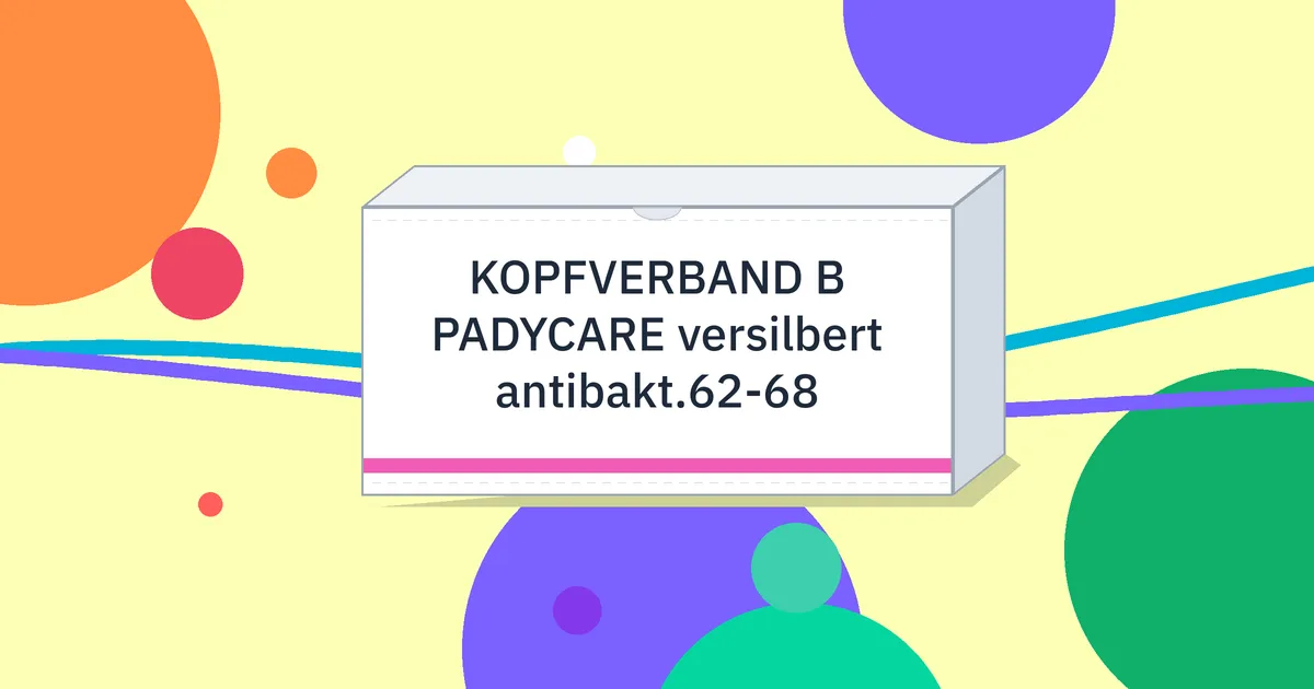 Symbolbild: Packung mit der Aufschrift KOPFVERBAND B PADYCARE versilbert antibakt.62-68 (PZN 10938351) – Verfügbarkeit und Bezug in Apotheken in Frankfurt am Main