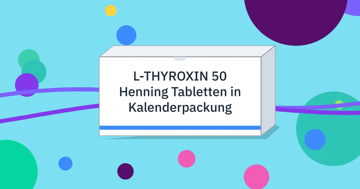 Symbolbild: Packung mit der Aufschrift L-THYROXIN 50 Henning Tabletten in Kalenderpackung (PZN 00297046) – Verfügbarkeit und Bezug in Apotheken in Frankfurt am Main