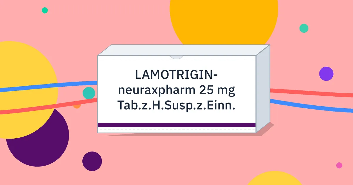 Symbolbild: Packung mit der Aufschrift LAMOTRIGIN-neuraxpharm 25 mg Tab.z.H.Susp.z.Einn. (PZN 00632361) – Verfügbarkeit und Bezug in Apotheken in Frankfurt am Main