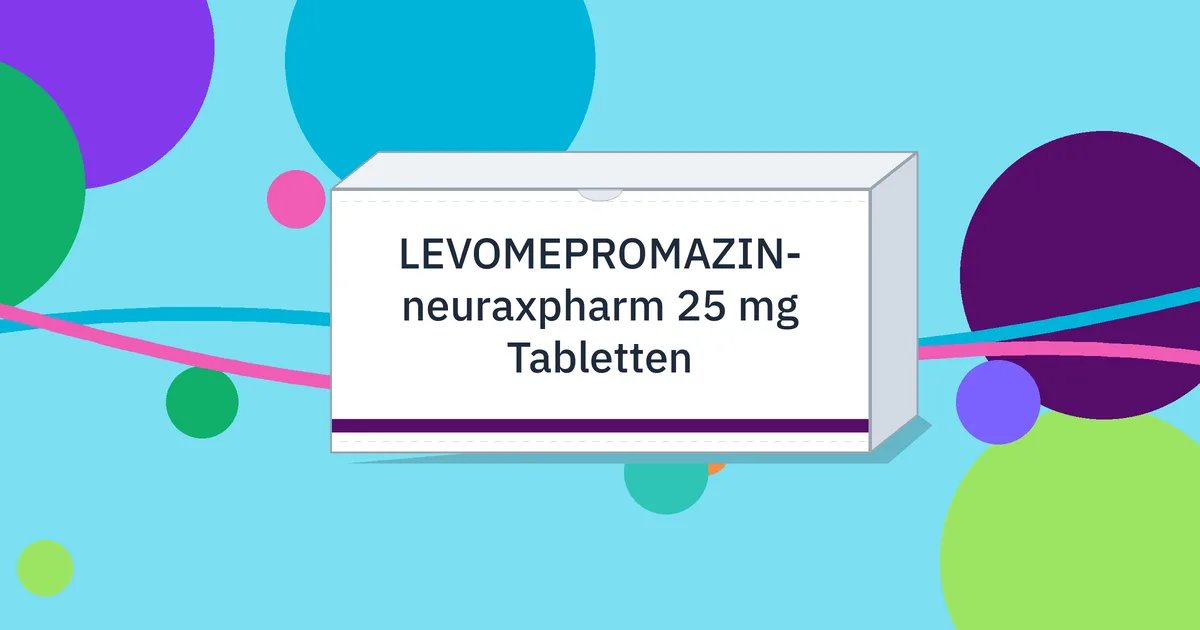 Symbolbild: Packung mit der Aufschrift LEVOMEPROMAZIN-neuraxpharm 25 mg Tabletten (PZN 03221003) – Verfügbarkeit und Bezug in Apotheken in Frankfurt am Main