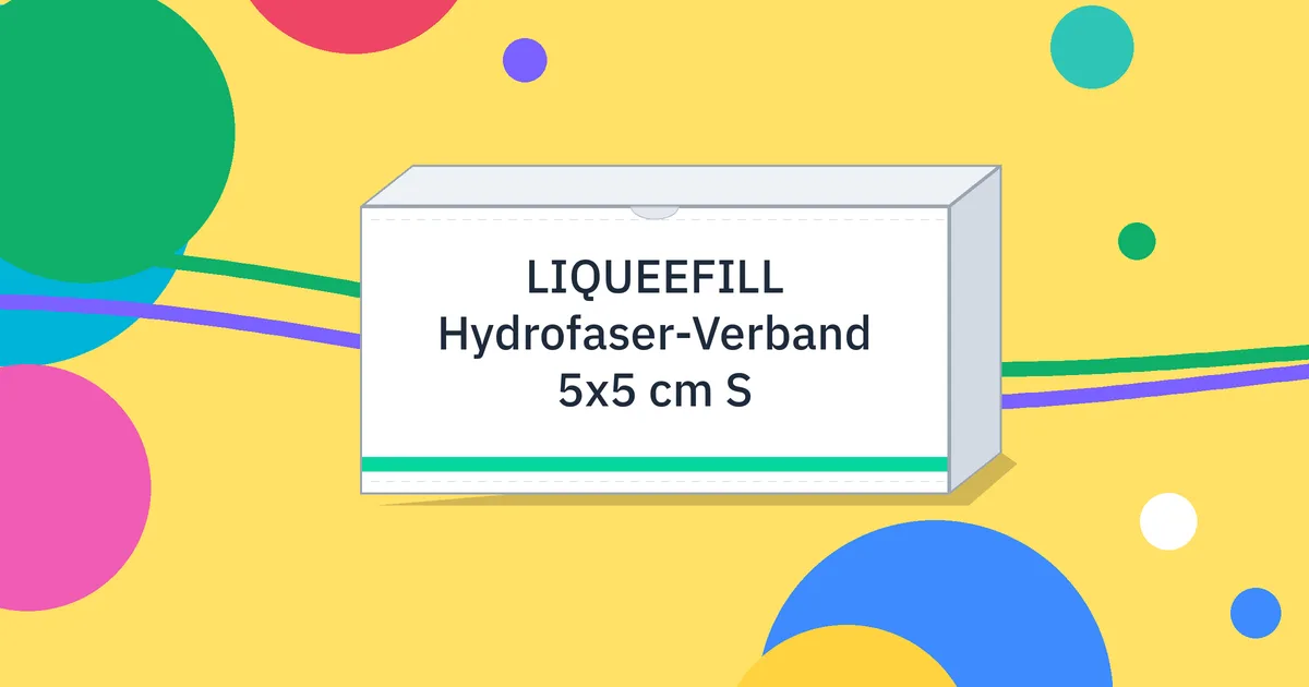 Symbolbild: Packung mit der Aufschrift LIQUEEFILL Hydrofaser-Verband 5x5 cm S (PZN 18769089) – Verfügbarkeit und Bezug in Apotheken in Frankfurt am Main