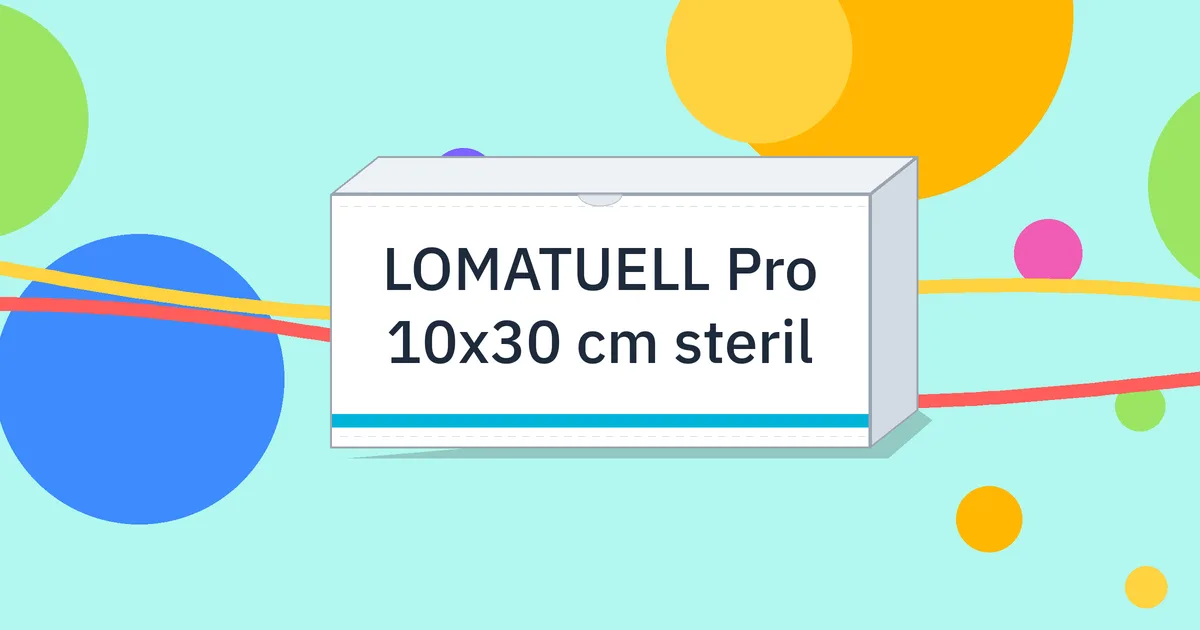 Symbolbild: Packung mit der Aufschrift LOMATUELL Pro 10x30 cm steril (PZN 19117213) – Verfügbarkeit und Bezug in Apotheken in Frankfurt am Main