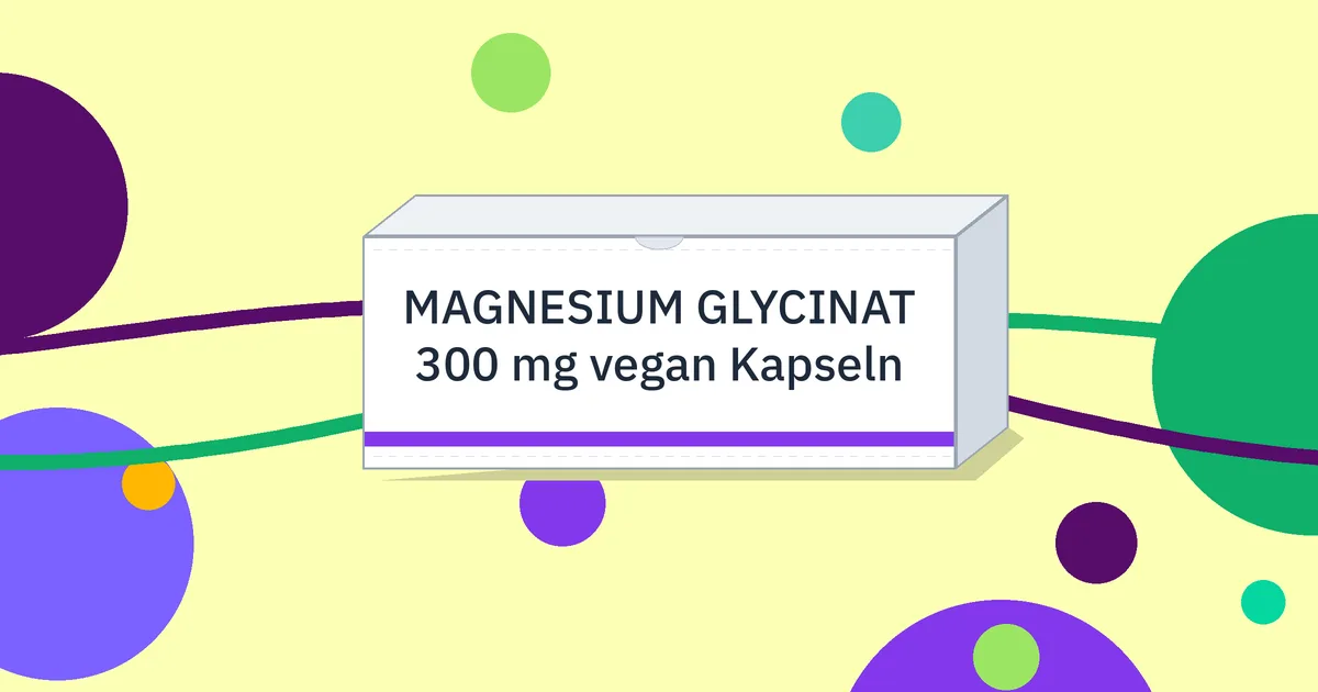 Symbolbild: Packung mit der Aufschrift MAGNESIUM GLYCINAT 300 mg vegan Kapseln (PZN 20102205) – Verfügbarkeit und Bezug in Apotheken in Frankfurt am Main