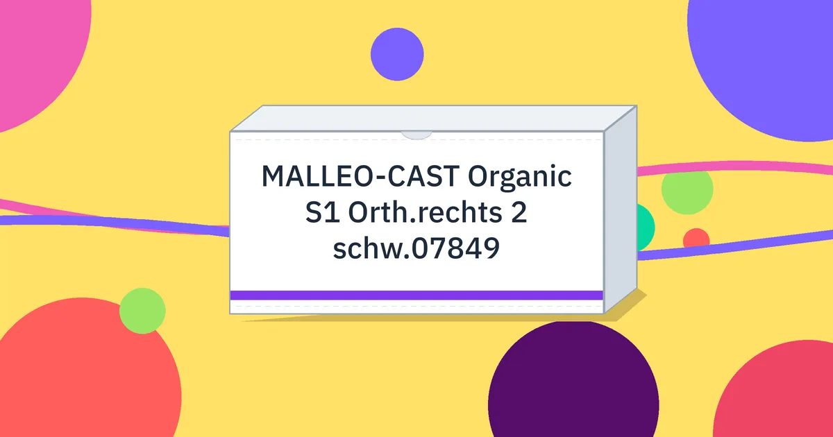 Symbolbild: Packung mit der Aufschrift MALLEO-CAST Organic S1 Orth.rechts 2 schw.07849 (PZN 20583417) – Verfügbarkeit und Bezug in Apotheken in Frankfurt am Main
