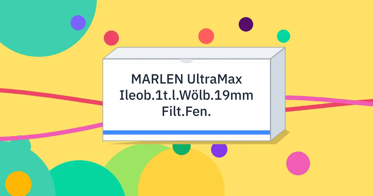 Symbolbild: Packung mit der Aufschrift MARLEN UltraMax Ileob.1t.l.Wölb.19mm Filt.Fen. (PZN 10741163) – Verfügbarkeit und Bezug in Apotheken in Frankfurt am Main