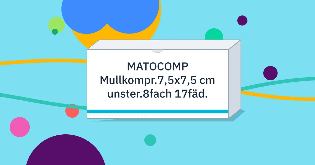 Symbolbild: Packung mit der Aufschrift MATOCOMP Mullkompr.7,5x7,5 cm unster.8fach 17fäd. (PZN 16327358) – Verfügbarkeit und Bezug in Apotheken in Frankfurt am Main