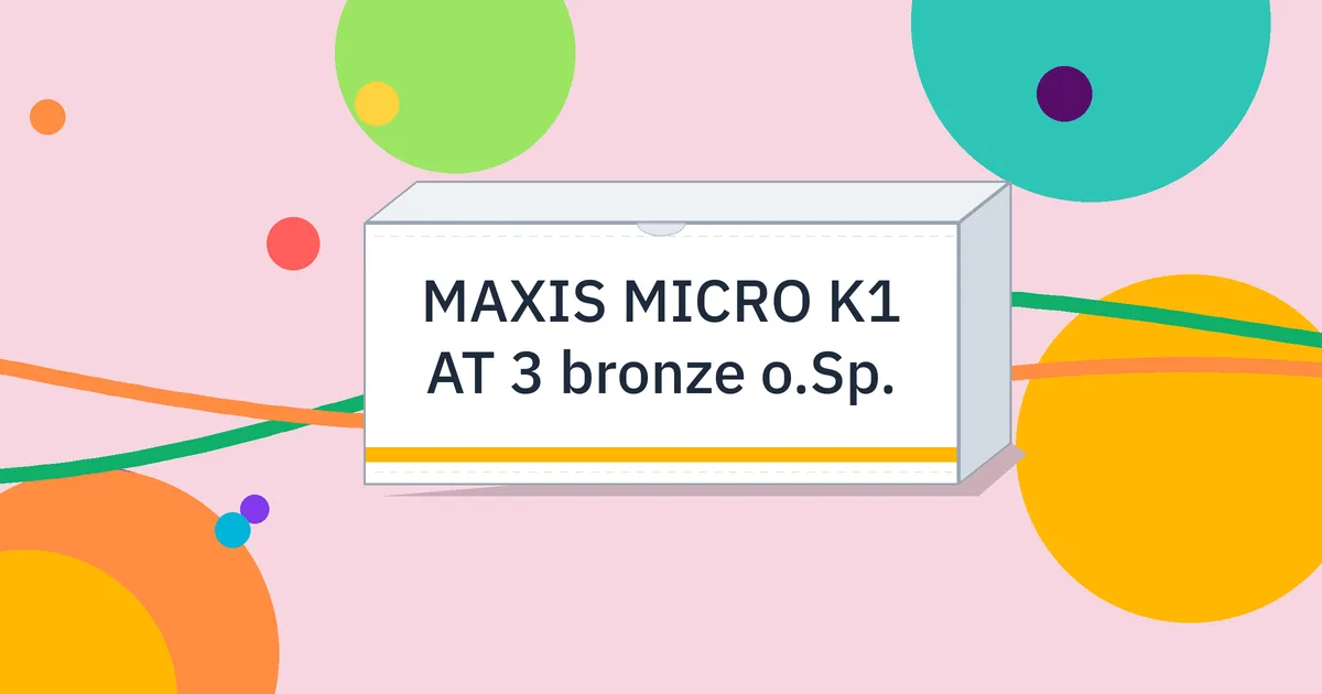 Symbolbild: Packung mit der Aufschrift MAXIS MICRO K1 AT 3 bronze o.Sp. (PZN 17671336) – Verfügbarkeit und Bezug in Apotheken in Frankfurt am Main