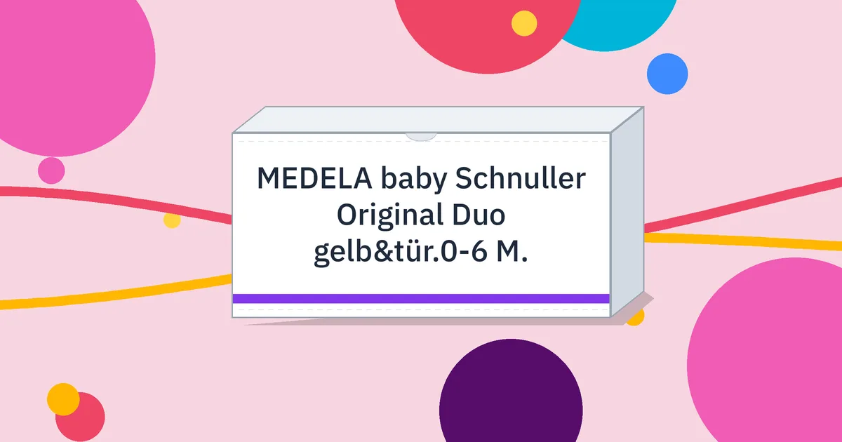 Symbolbild: Packung mit der Aufschrift MEDELA baby Schnuller Original Duo gelb&tür.0-6 M. (PZN 17256979) – Verfügbarkeit und Bezug in Apotheken in Frankfurt am Main