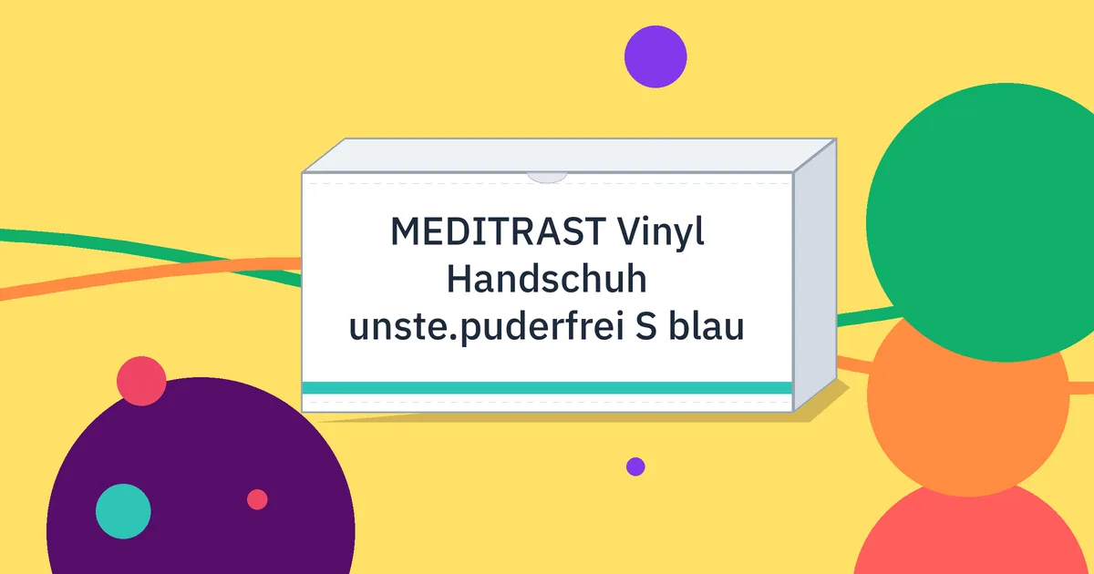Symbolbild: Packung mit der Aufschrift MEDITRAST Vinyl Handschuh unste.puderfrei S blau (PZN 13511110) – Verfügbarkeit und Bezug in Apotheken in Frankfurt am Main
