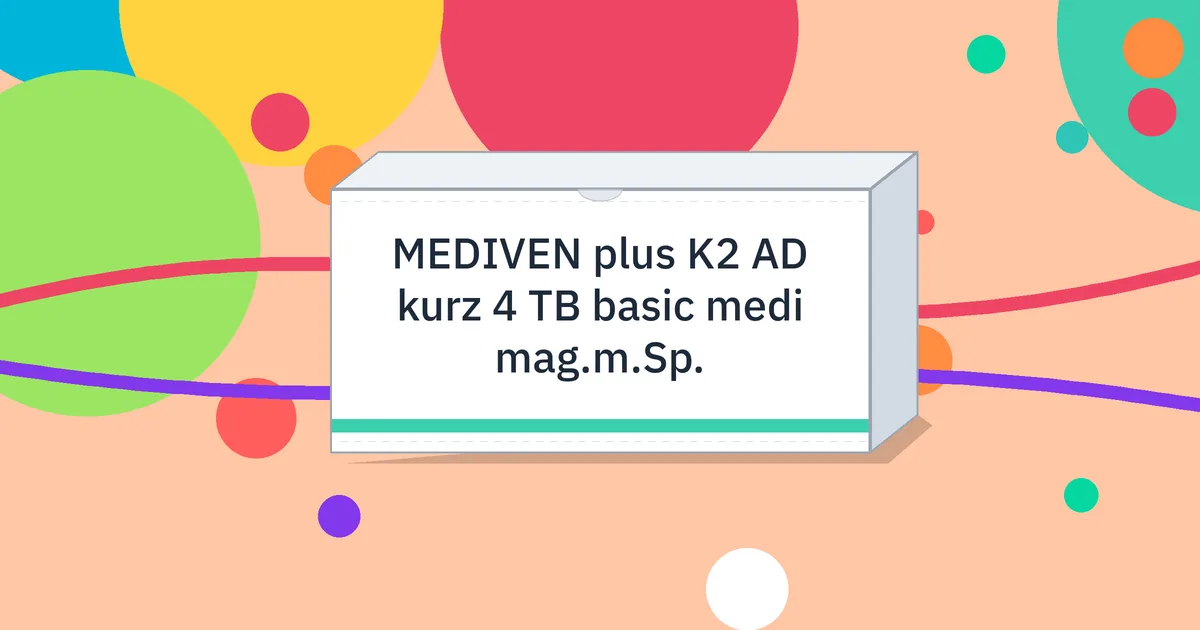 Symbolbild: Packung mit der Aufschrift MEDIVEN plus K2 AD kurz 4 TB basic medi mag.m.Sp. (PZN 15098631) – Verfügbarkeit und Bezug in Apotheken in Frankfurt am Main