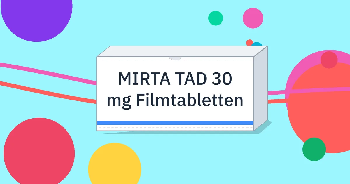 Symbolbild: Packung mit der Aufschrift MIRTA TAD 30 mg Filmtabletten (PZN 03447115) – Verfügbarkeit und Bezug in Apotheken in Frankfurt am Main