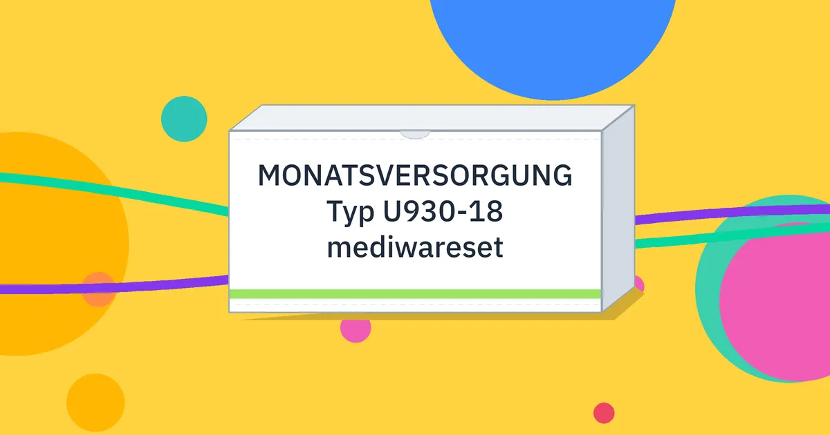 Symbolbild: Packung mit der Aufschrift MONATSVERSORGUNG Typ U930-18 mediwareset (PZN 19555930) – Verfügbarkeit und Bezug in Apotheken in Frankfurt am Main
