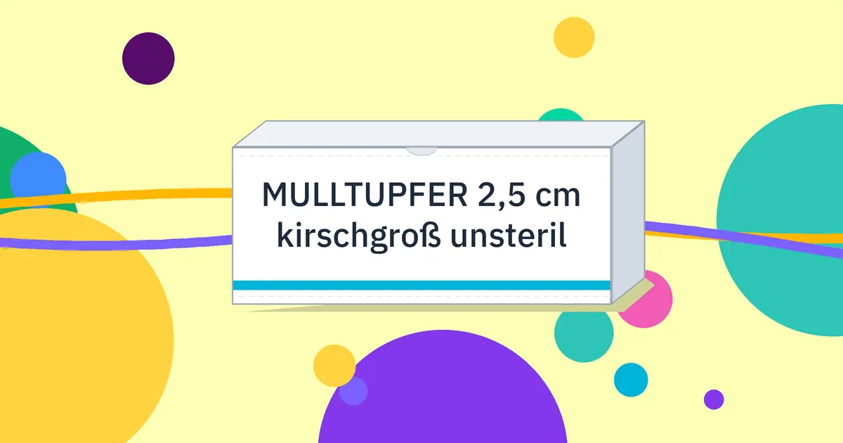 Symbolbild: Packung mit der Aufschrift MULLTUPFER 2,5 cm kirschgroß unsteril (PZN 17565338) – Verfügbarkeit und Bezug in Apotheken in Frankfurt am Main