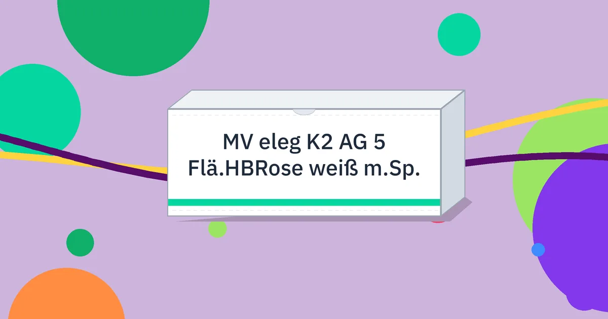 Symbolbild: Packung mit der Aufschrift MV eleg K2 AG 5 Flä.HBRose weiß m.Sp. (PZN 15719429) – Verfügbarkeit und Bezug in Apotheken in Frankfurt am Main