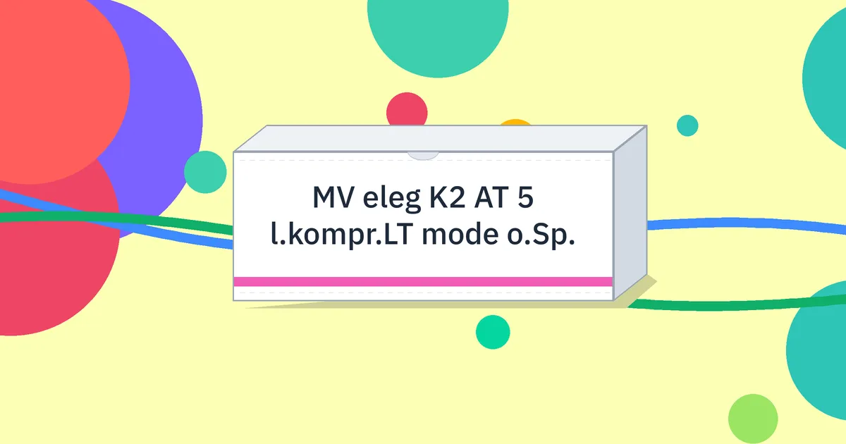Symbolbild: Packung mit der Aufschrift MV eleg K2 AT 5 l.kompr.LT mode o.Sp. (PZN 06189470) – Verfügbarkeit und Bezug in Apotheken in Frankfurt am Main