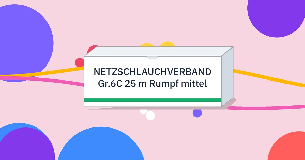 Symbolbild: Packung mit der Aufschrift NETZSCHLAUCHVERBAND Gr.6C 25 m Rumpf mittel (PZN 12775924) – Verfügbarkeit und Bezug in Apotheken in Frankfurt am Main