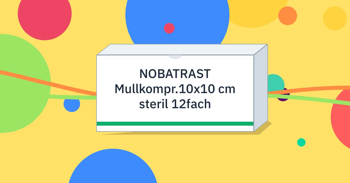 Symbolbild: Packung mit der Aufschrift NOBATRAST Mullkompr.10x10 cm steril 12fach (PZN 08848882) – Verfügbarkeit und Bezug in Apotheken in Frankfurt am Main