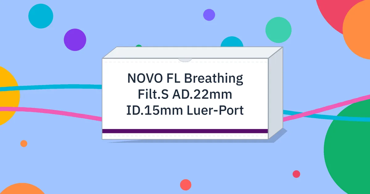 Symbolbild: Packung mit der Aufschrift NOVO FL Breathing Filt.S AD.22mm ID.15mm Luer-Port (PZN 19844545) – Verfügbarkeit und Bezug in Apotheken in Frankfurt am Main