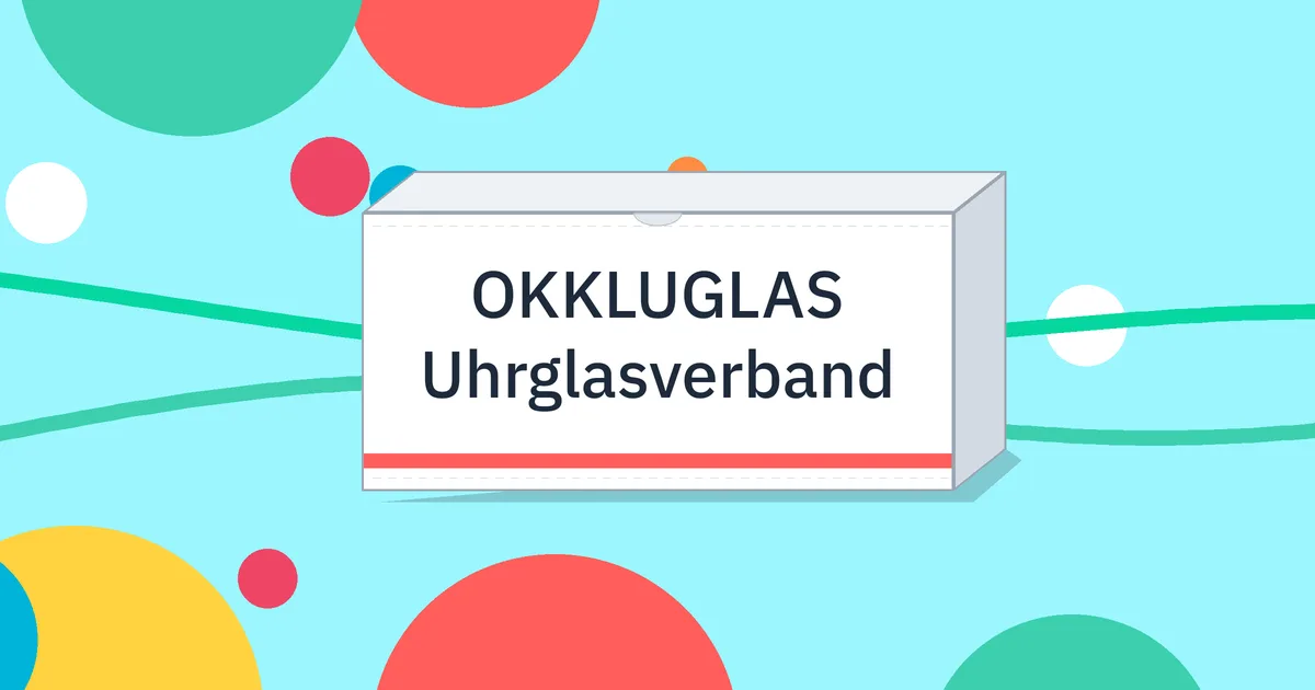 Symbolbild: Packung mit der Aufschrift OKKLUGLAS Uhrglasverband (PZN 02826187) – Verfügbarkeit und Bezug in Apotheken in Frankfurt am Main