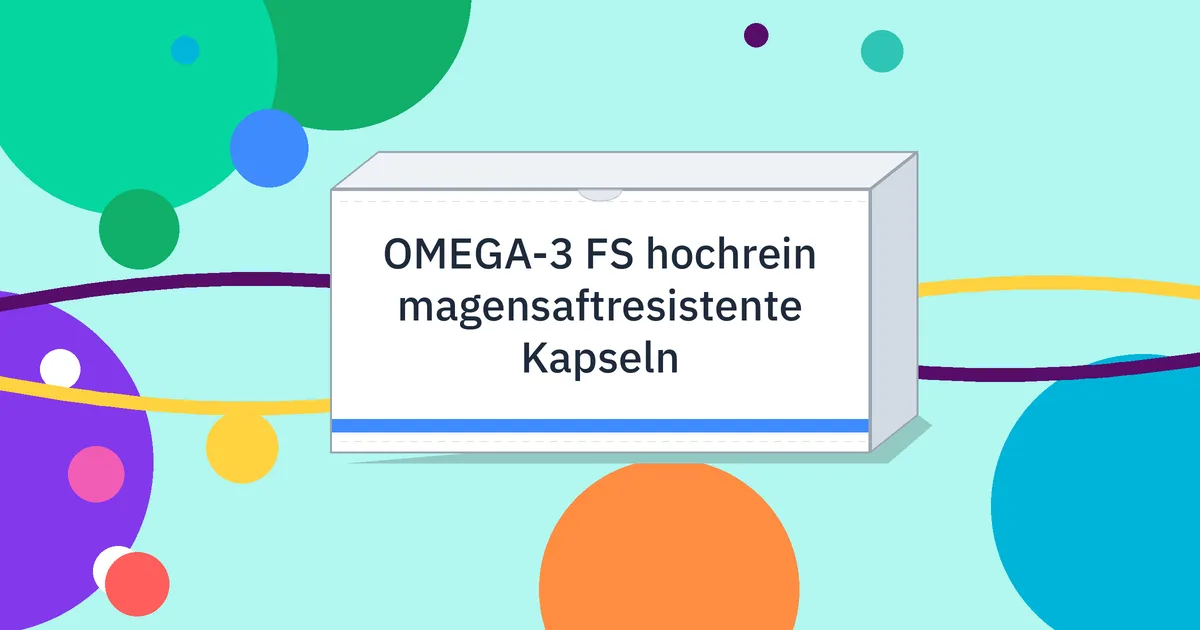 Symbolbild: Packung mit der Aufschrift OMEGA-3 FS hochrein magensaftresistente Kapseln (PZN 01746753) – Verfügbarkeit und Bezug in Apotheken in Frankfurt am Main