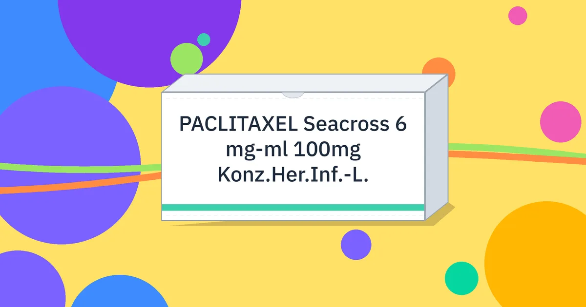 Symbolbild: Packung mit der Aufschrift PACLITAXEL Seacross 6 mg-ml 100mg Konz.Her.Inf.-L. (PZN 18198103) – Verfügbarkeit und Bezug in Apotheken in Frankfurt am Main