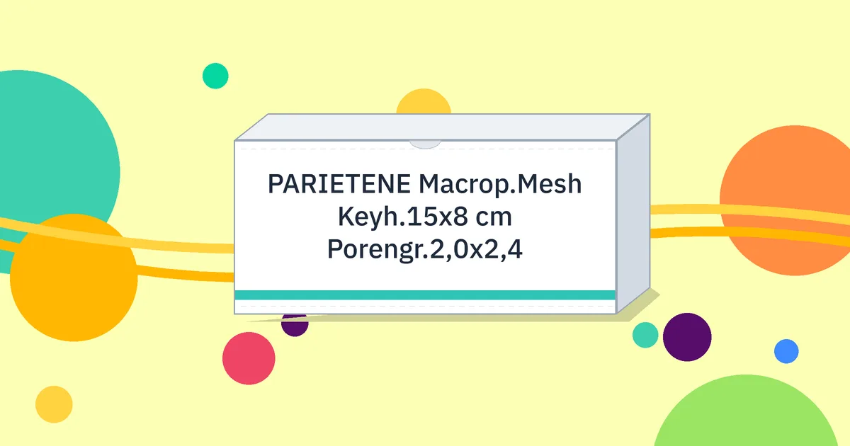 Symbolbild: Packung mit der Aufschrift PARIETENE Macrop.Mesh Keyh.15x8 cm Porengr.2,0x2,4 (PZN 11314724) – Verfügbarkeit und Bezug in Apotheken in Frankfurt am Main