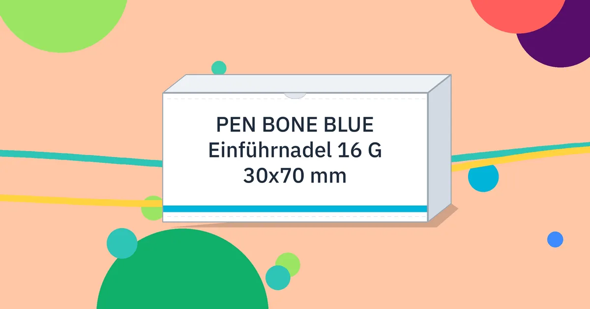Symbolbild: Packung mit der Aufschrift PEN BONE BLUE Einführnadel 16 G 30x70 mm (PZN 16919857) – Verfügbarkeit und Bezug in Apotheken in Frankfurt am Main